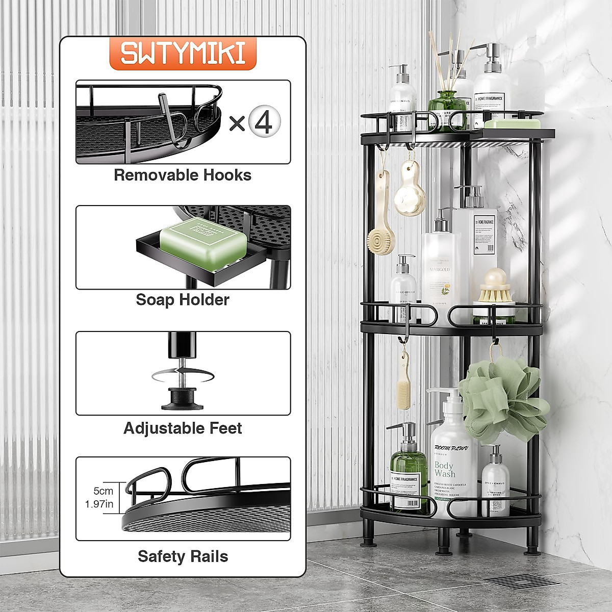 SWTYMIKI Corner Shower Caddy Standing - 3 Tier Stainless Steel Shower Organizer Stand with 4 Hooks & Soap Holder, Rustproof Metal Standing Tall Floor Shower Shelf and Bathroom Organizer, Black