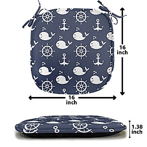 Ambesonne Navy Blue Chair Seating Cushion, Maritime Pattern with Whales Helms Anchors Nautical Elements Deep Sea Life, Anti-Slip Seat Padding for Kitchen & Patio, 16"x16", Navy Blue White
