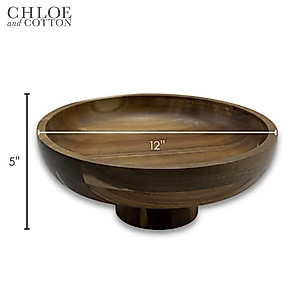 Chloe and Cotton | Large 12-Inch Brown Acacia Wood Bowl | Kitchen Counter Fruit Bowl | Decorative Pedestal Bowl for Entryway Table Decor