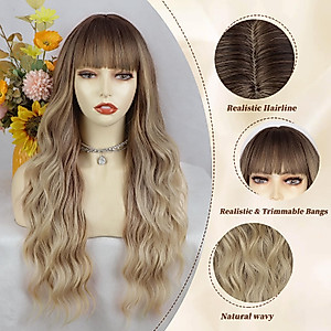 Cisyia Blonde Wigs with Bangs Ombre Blonde Wig for Women 26 Inches Long Wavy Curly Synthetic Heat Resistant Fiber Wigs for Girls Daily Party Use