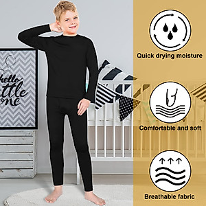 Silkfly 3 Set Boys Thermal Underwear Set Base Layer Fleece Lined Long Underwear for Kids Shirt and Pants Set for Boys Winter (Black, Medium)
