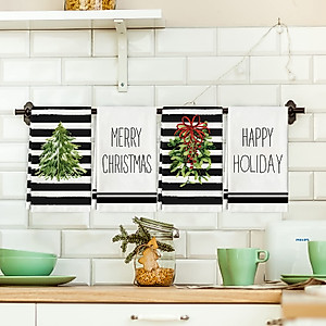 AnyDesign Merry Christmas Kitchen Towel White Black Stripe Happy Holiday Dish Towel Xmas Tree Tea Towel Farmhouse Hand Drying Towel for Winter Cooking Baking, 18 x 28 Inch, 2 Pack