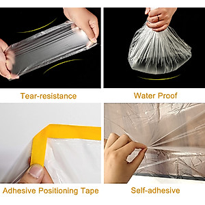 Muf 9 x 65 Feet Plastic Drop Cloth Plastic Sheeting with Masking Tape,Waterproof Protective Masking Film,Prevent Dust Paint for Car,Furniture,Carpet,Floor,1 Pack