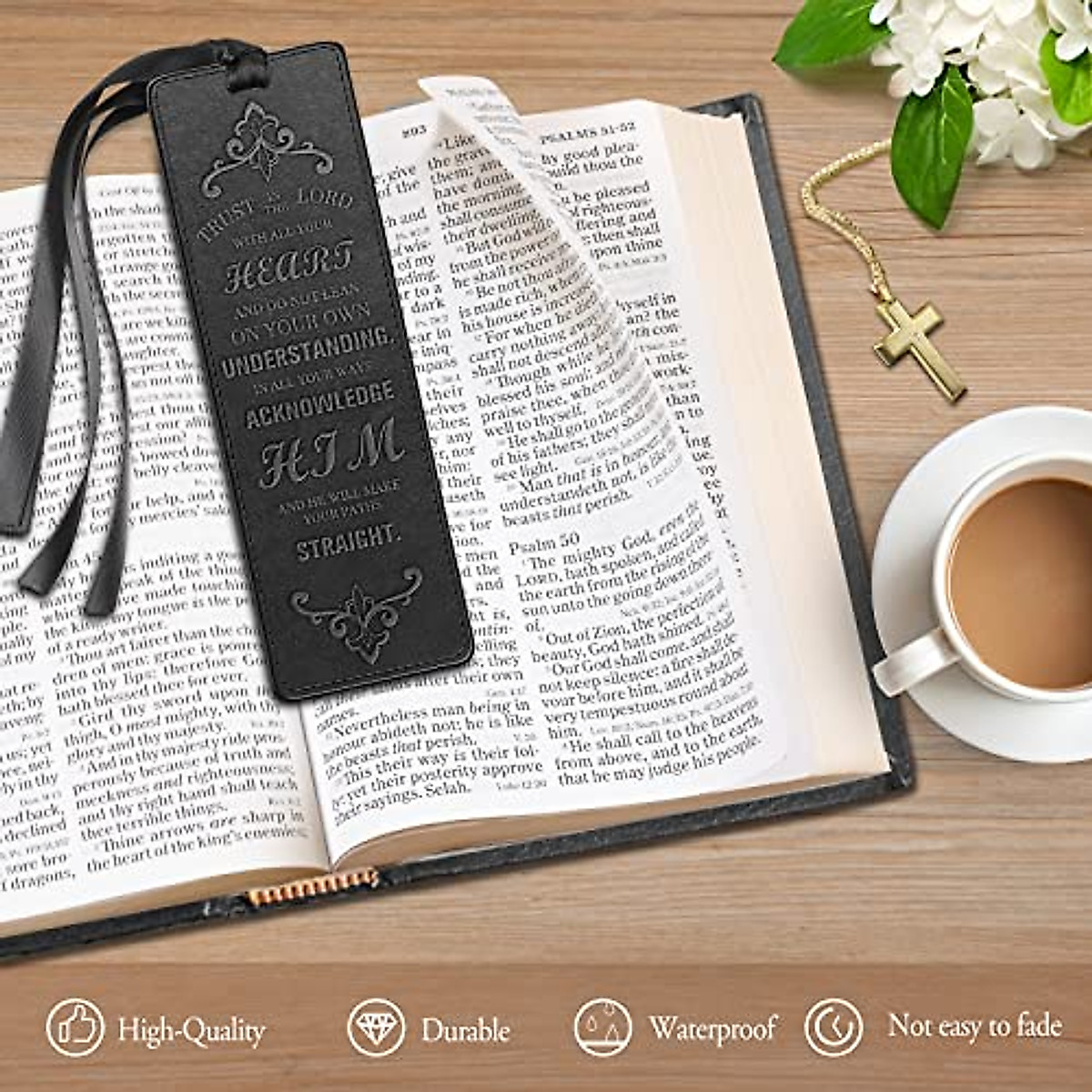 FINPAC Leather Bible Bookmarks, Vegan Leather Bookmarks, Religious Bookmarks, Bible Verse Book Markers Church Gifts for Women Men [Trust in The Lord with All Your Heart] - Black