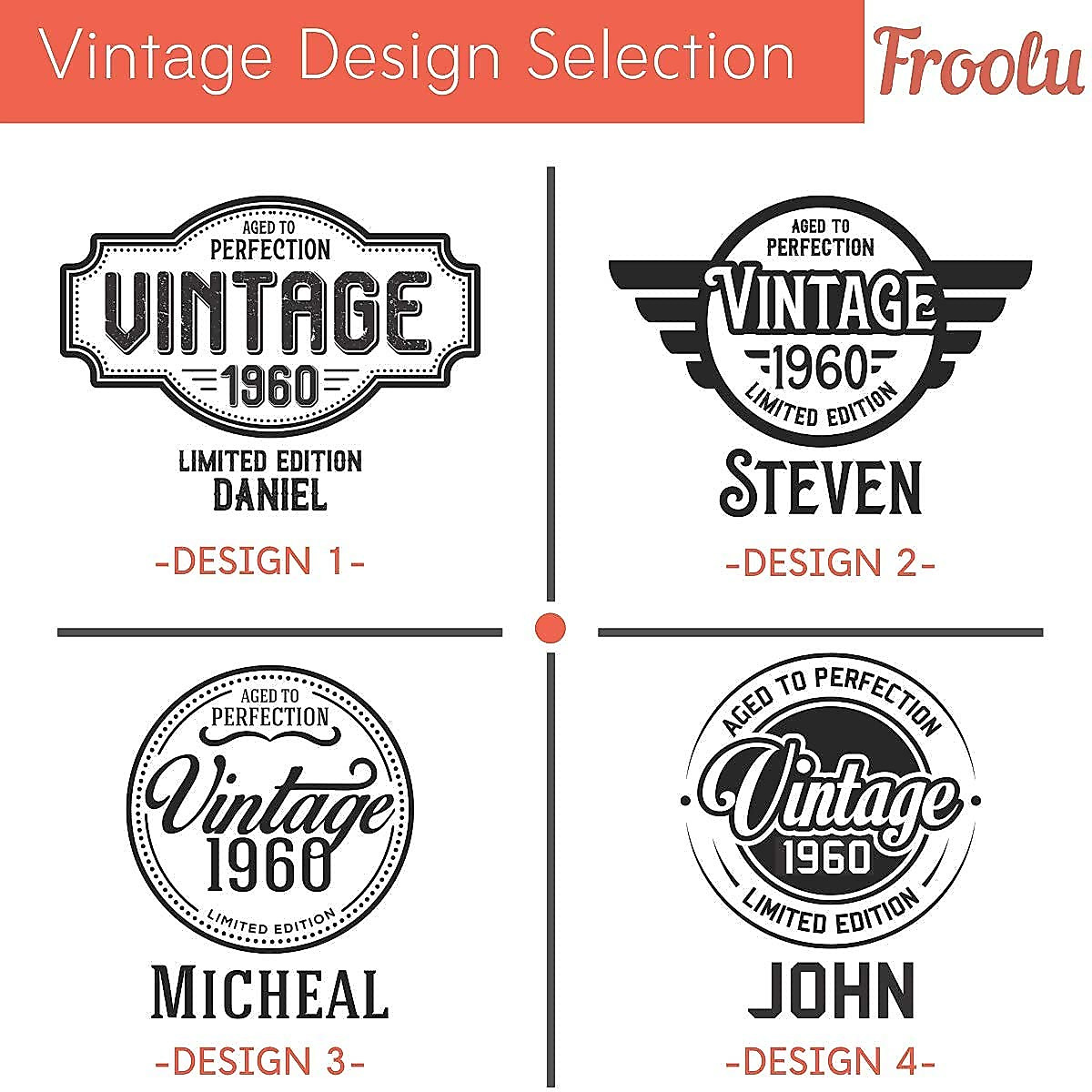 Froolu Personalized Vintage Scotch Whiskey Glasses - Customize Name & Year - 4 Premium Vintage Designs - Gift for Dad, Brother, Son, Husband - Great for Birthday, Anniversary, Christmas - Etched