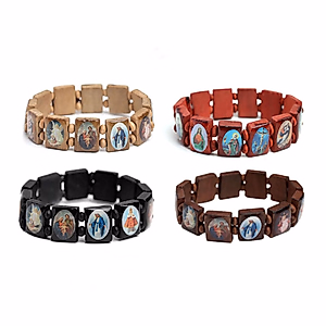 Fnjuucw 4pcs Wooden Jesus Bracelet Saints Rosary, Stretchable Wooden Small Panel Bracelet, with Images of Religious Saints Jesus Gift for Men & Women