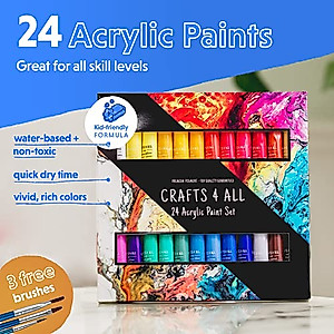 Crafts 4 All Acrylic Paint Set for Adults and Kids - 24-Pack of 12mL Paints for Canvas, Wood & Ceramic w/ 3 Art Brushes - Non-Toxic Craft Paint Sets - Stocking Stuffers for Girls and Boys