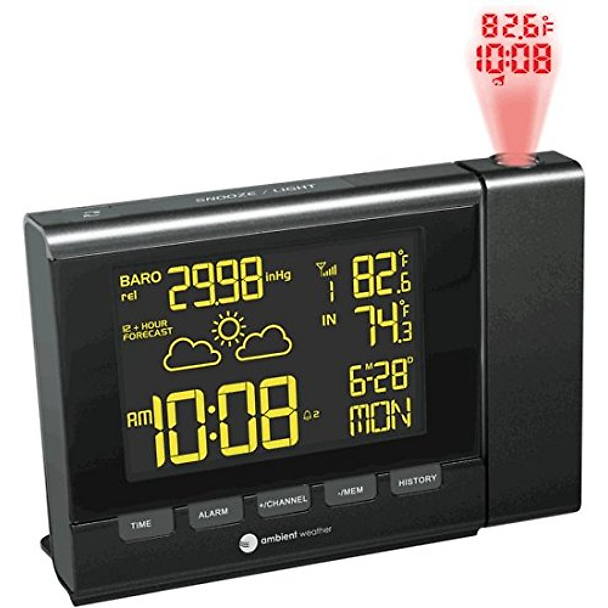Ambient Weather RC-8401 Projection Clock with Forecast, Barometer, Atomic Clock and Indoor/Outdoor Temperature Color Changing Display