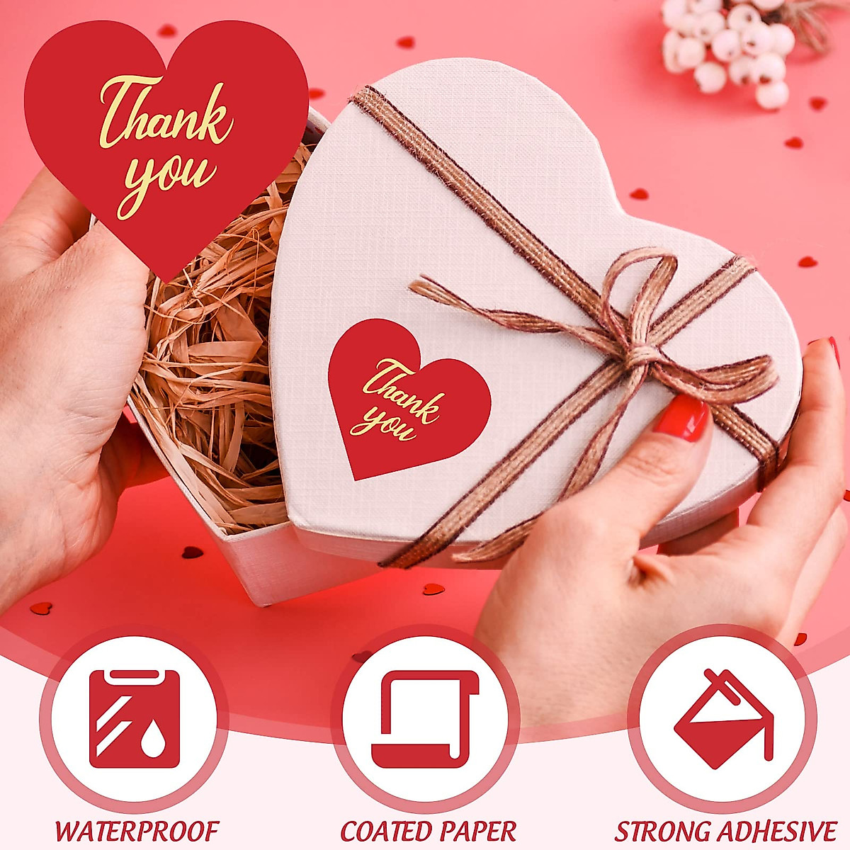 1000 Pieces Heart Thank You Sticker 1.5 inches Valentine's Day Red Pink Label Sticker Adhesive Thank Heart Shaped Sticker Thank Present Tag for Wedding Anniversaries Envelopes Greeting Cards, 2 Rolls