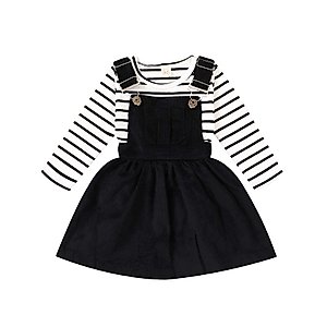 YOUNGER TREE Toddler Baby Girl Fall Outfit Long Sleeve Stripe T-shirt and Strap Dress Overall with One Pocket Clothes Sets (Black, 18-24 Months)