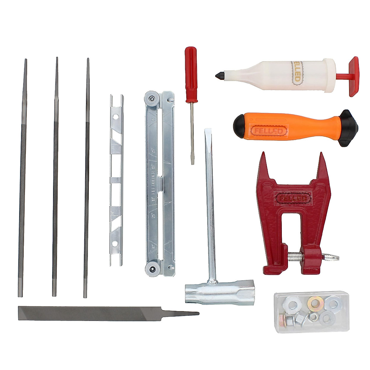 Felled Chainsaw Sharpening Kit in Hard Carrying Case - File Set, Guide, Depth Gauge, Stump Filing Vise, Grease Gun