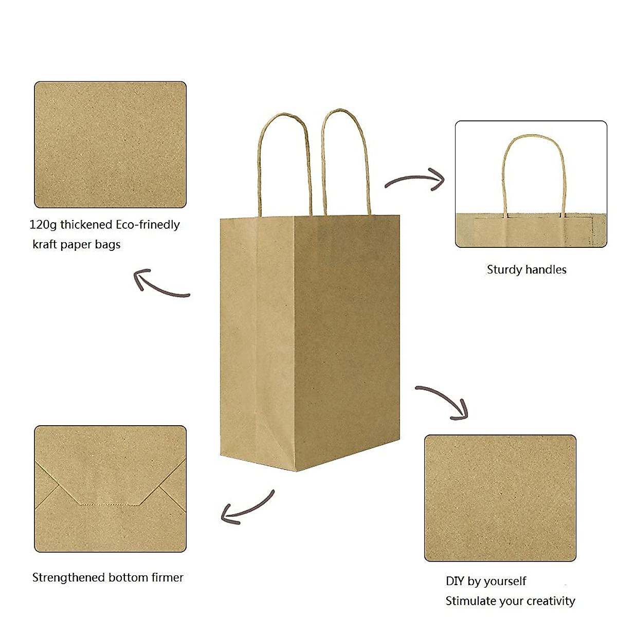 bagmad Sturdy 5.25x3.25x8 inch 100 Pack Small Paper Bags with Handles Bulk, Brown Kraft Bags, Gift Party Favors Grocery Retail Strong Shopping Craft Cub Sacks (Thicken, 100Pcs) (100)