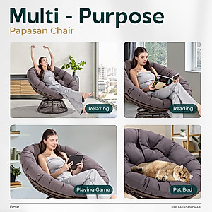 Bme 40" Ergonomic Wicker Papasan Chair with Soft Thick Density Fabric Cushion, Bee-Designed Base, High Capacity Steel Frame, 360 Degree Swivel for Living, Bedroom, Reading Room,...