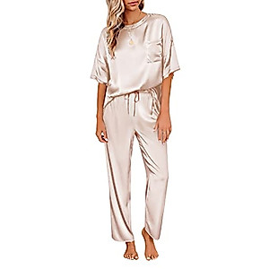 Ekouaer Womens Silk Satin Pajamas Set Short Sleeve Top Summer Soft Two Piece Pjs Silky Sleepwear Nightwear Silk Lounge Set Champagne S