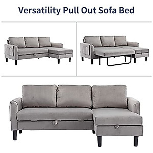 Hdxdkog L-Shaped Sectional Sofa with Pull-Out Bed 72" Sectional Sleeper Sofa Bed with Storage Chaise Lounge and Pocket, Upholstered Corner Couch for Living Room Home Office (Gray)