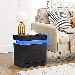 HOMMPA LED Nightstand Modern Black Nightstand with Led Lights Wood Matte Led Bed Side Table Night Stand with 2 High Gloss Drawers for Bedroom 20.5" Tall