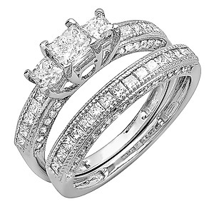 Dazzlingrock Collection 1.75 Carat (Cttw) 14k Princess and Round Diamond Women 3 Stone Engagement Ring Set 1 3/4 CT, White Gold, Size 6.5