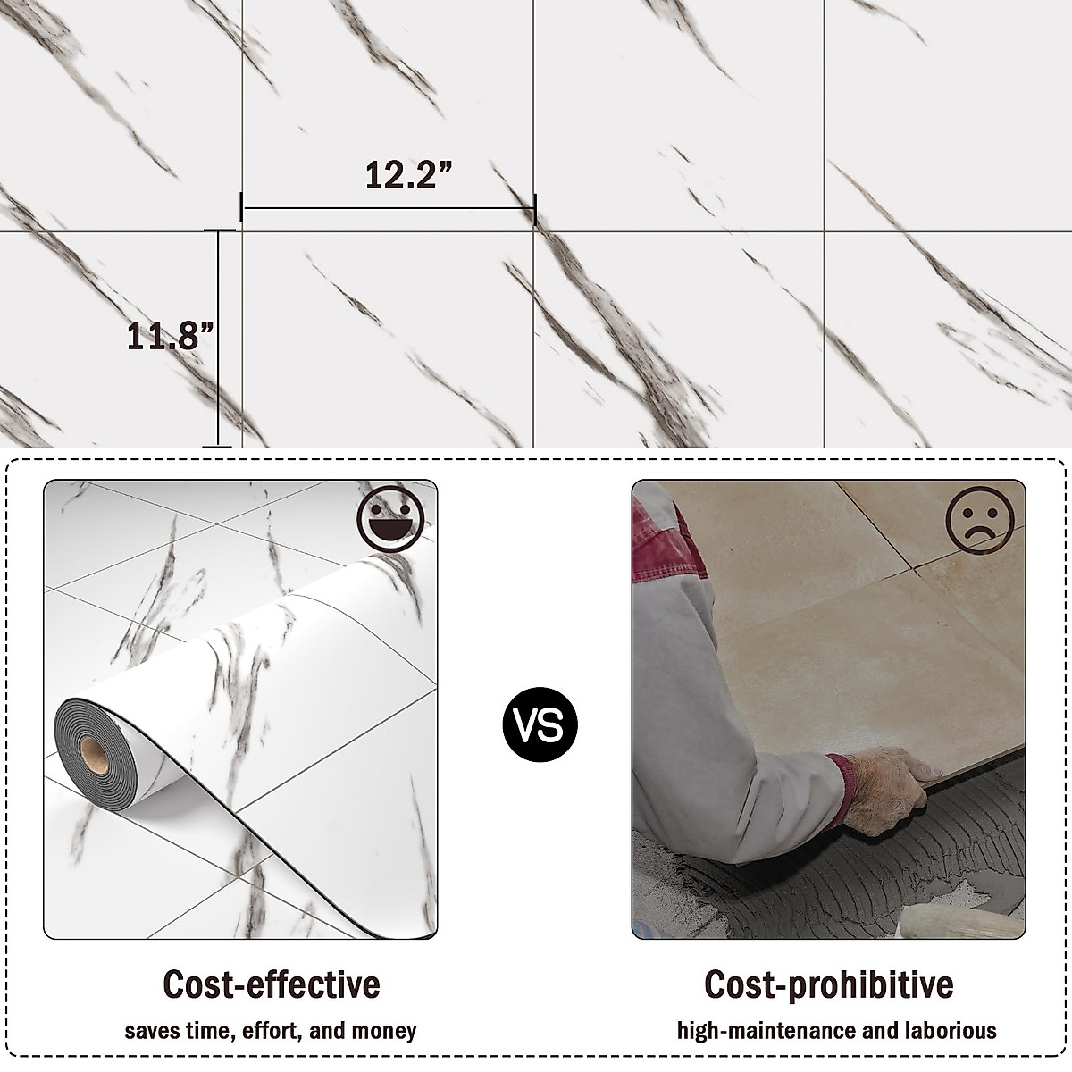 Oxdigi Vinyl Floor Tiles Peel and Stick 23"x 393"/64 Sq.Ft, Thicken Self Adhesive Vinyl Flooring Roll Marble Pattern Waterproof DIY Floor Coverings for Bathroom Living Room Kitchen, White Marble