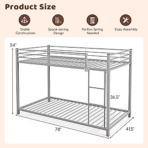 Giantex Twin Over Twin Metal Bunk Beds, Heavy Duty Bed Frame with Safety Guard Rail & Ladder, Low Floor Bunk Bed for Boys Girls Adults Dormitory Bedroom, Noise Free, No Box Spring Needed (Silver)