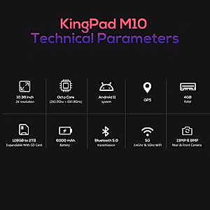 VASTKING KingPad M10 10.36 Inch Android 11 Tablet, 2K Resolution, Octa Core, 4GB RAM, 128GB Storage, 5Ghz WiFi, GPS, 13MP Camera, Full Metal Uni-Body, Mystic Gray