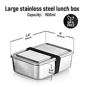 Doxbom Stainless Steel Bento Box, 1930ml Large Metal Lunch Container with Leak Proof & Mobile Divider, 304 Stainless Steel Snack Food Containers Metal Bento Box for Adults, Dishwasher Safe