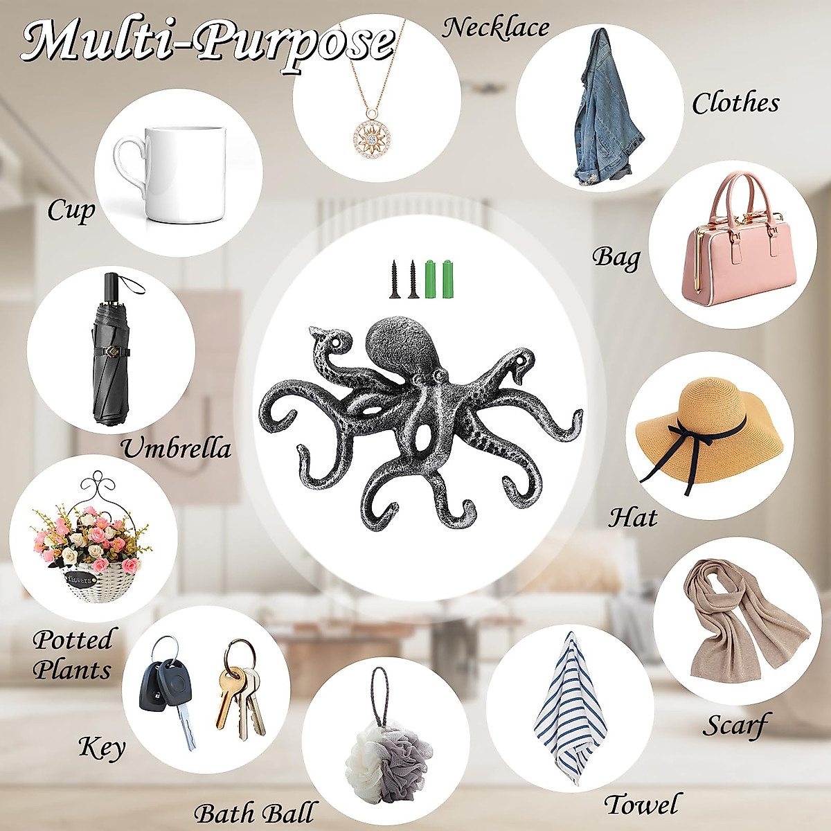 Sumnacon Cast Iron Coat Hook Octopus Towel Holder with 6 Hooks Decorative Towel Rack with Screws Octopus Key Holder Wall Nautical Wall Hook for Enterway Bathroom Retro Silver