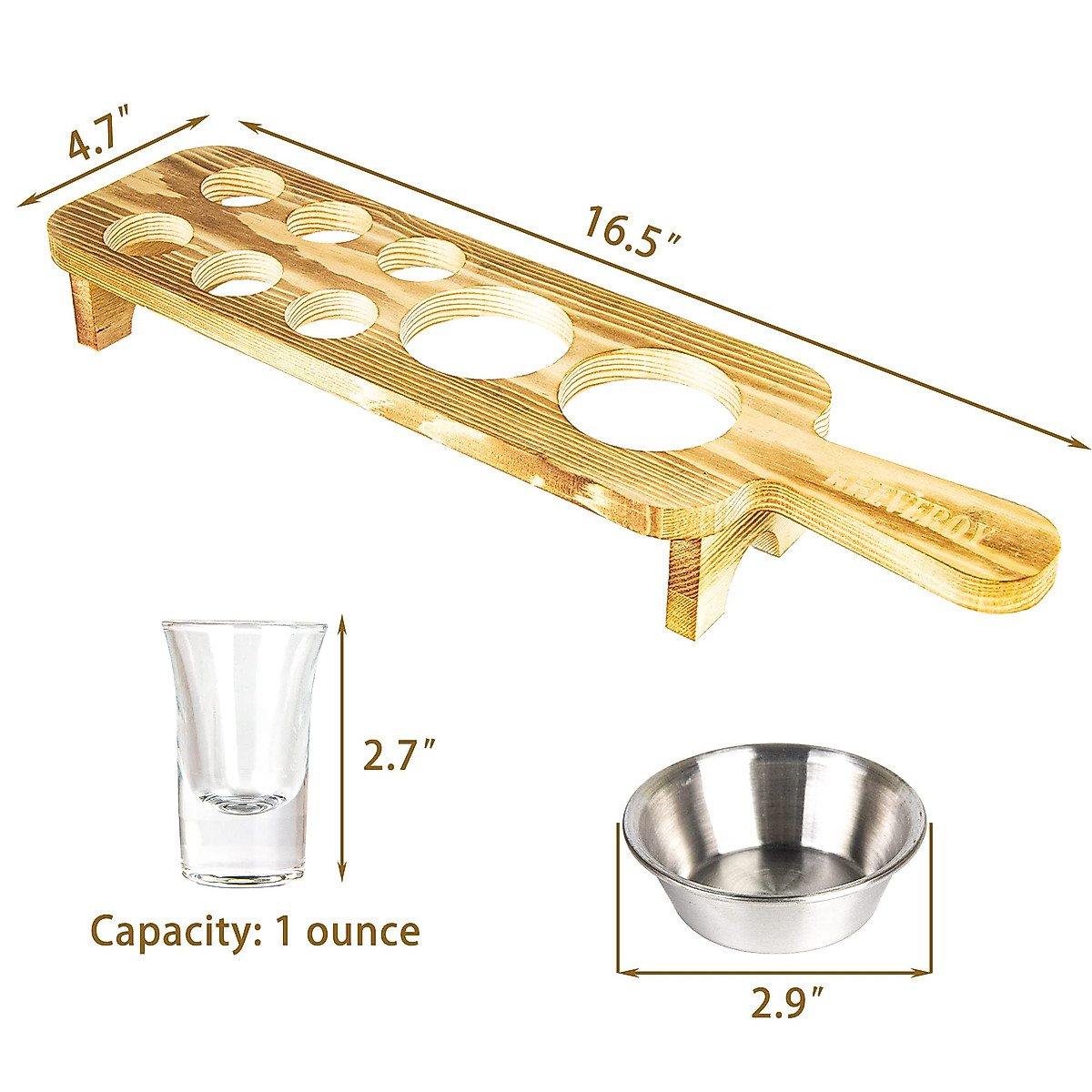 Shot Glasses Serving Tray Tequila Shot Glass Holder with 6 Shot Glasses Set Unique Wooden Holder for Drinking, Serving, Display and Storage Suitable for Bar, Restaurant and Party