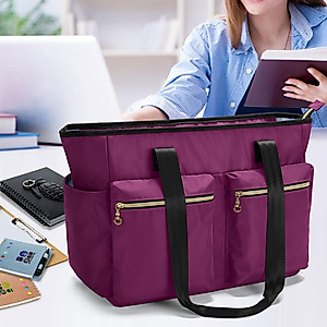 Damero Teacher Tote Bag, Teacher Utility Tote Bag with Zip Top and Padded Sleeve for up to 15.6’’ Laptop for Work, Office, Business, Purple(Upgraded)