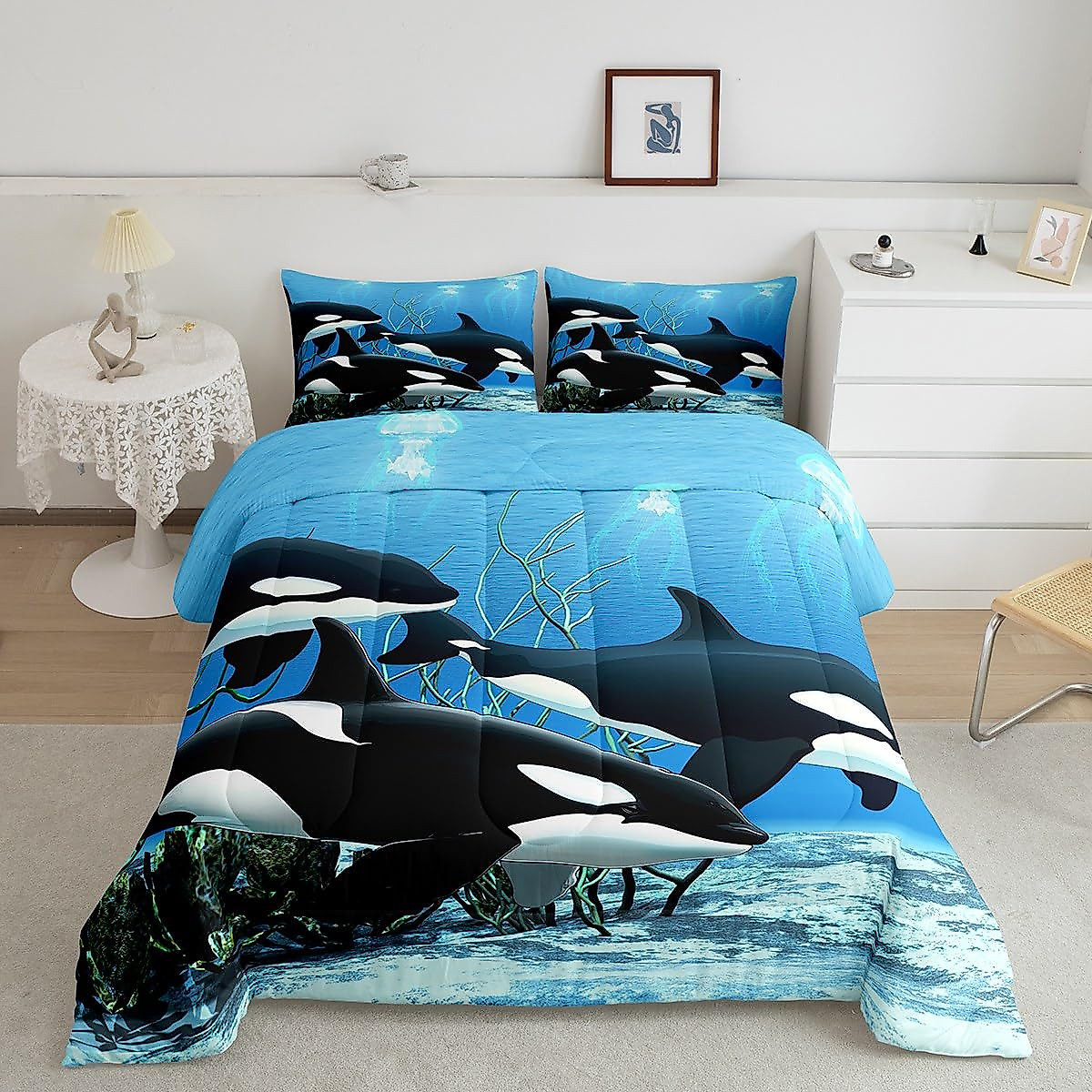 Erosebridal Killer Whale Bedding Sets Orcinus Orcas Comforter Set The Underwater World Jellyfish Down Comforter for Kids Boys Girls Deep Sea Animals Marine Life Duvet Insert 2 Pieces Twin Size