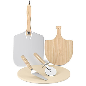 SHINESTAR 5 Piece Pizza Making Kit, 12" Round Baking Stone, Wooden & Metal Pizza Peel, Cutter & Server Included, Pizza Stone Set for Grill, Oven