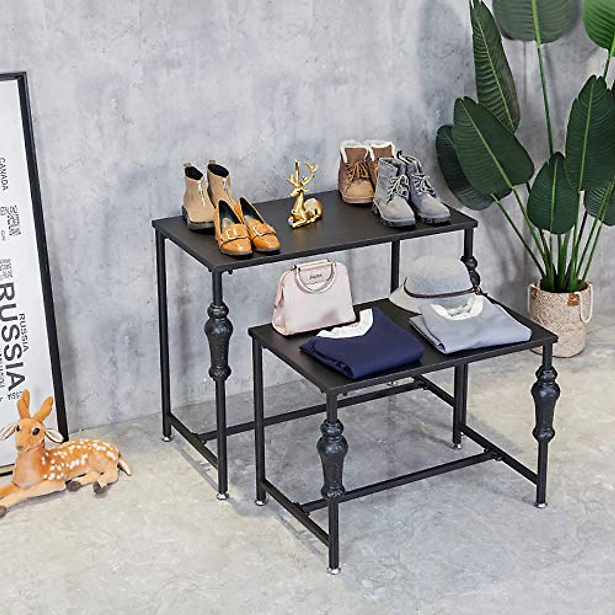 Industrial Retail Display Tables, Standing Clothing Shoes Display Rack, Set of 2 Boutique Display Riser, Retro Unit Storage Shelves, Garment/Handbag Display Stand