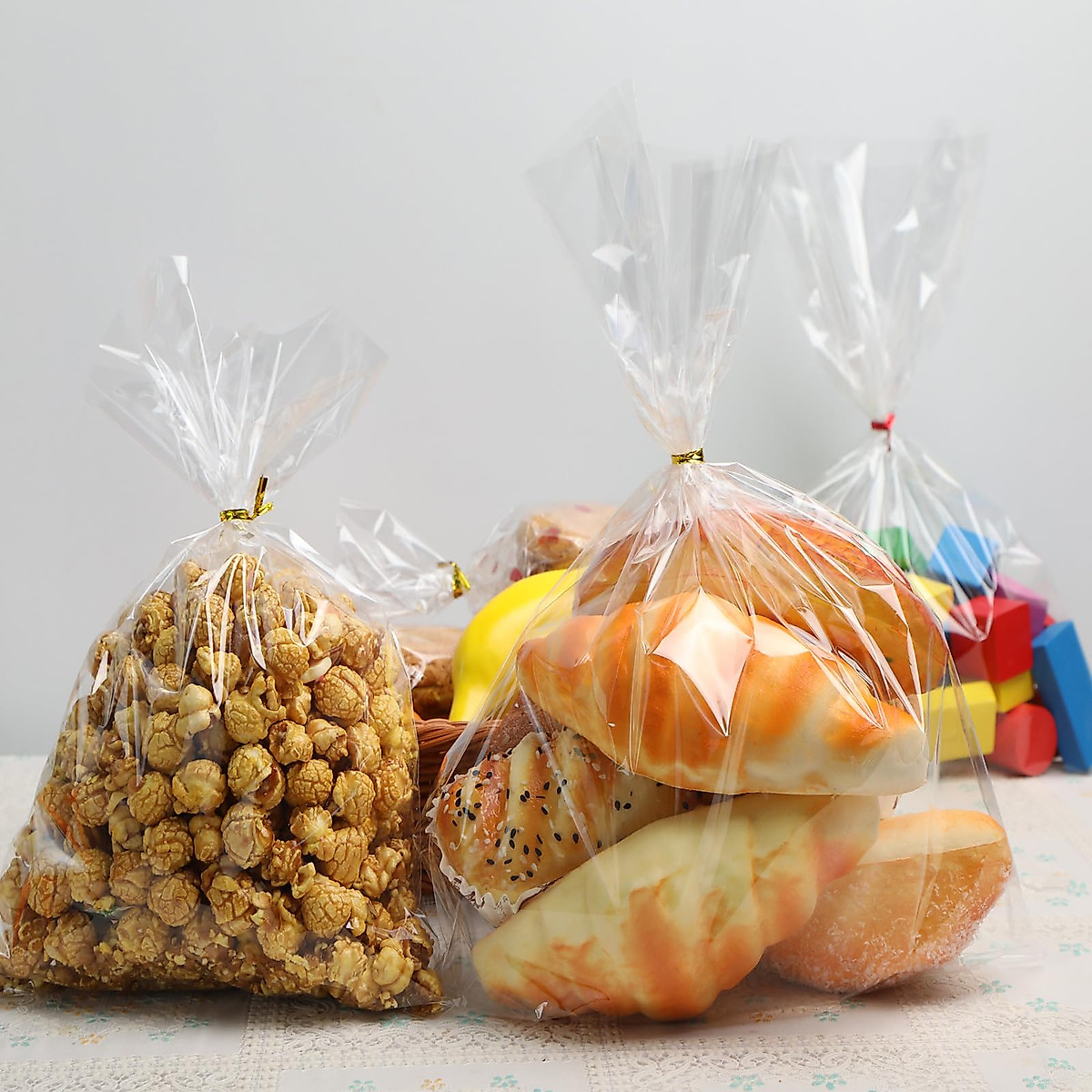 50 pcs Clear 11" x 14" Flat Cello Cellophane Bags Poly Treat Bags 2.8 mils for Gift Wrapping, Bakery, Cookie, Candies, Toast, Dessert, Party Favors Packaging with Color Twist Ties