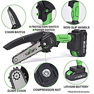 Mini Chainsaw 6-Inch Cordless, SOYUS Electric Chainsaw Mini Battery Chainsaw with 2Pcs Batteries, Handheld Small Chainsaw for Tree Trimming Branch Wood Cutting Green