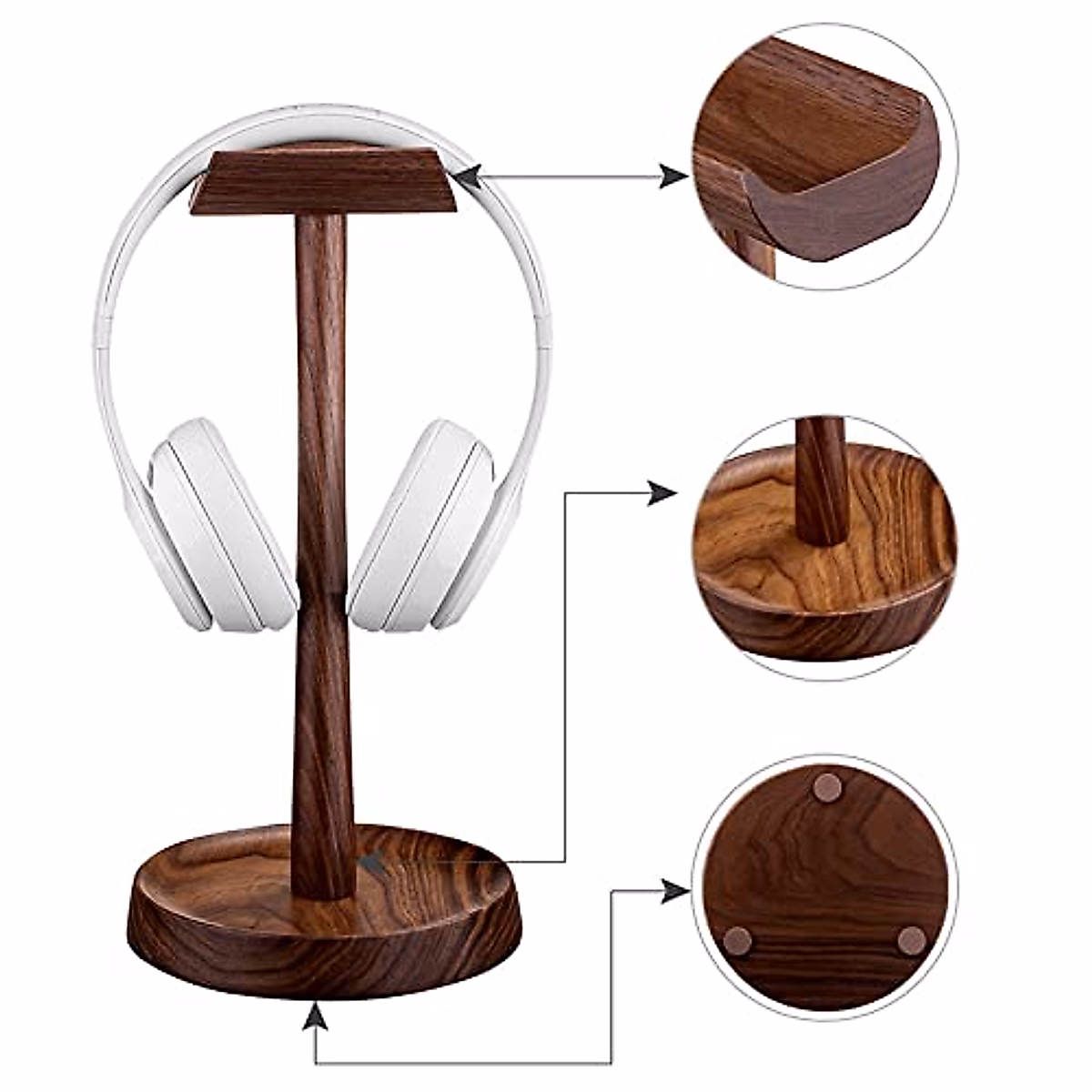 Walnut Wooden Headphone Stand, Universal Whole Body Solid Wood Headset Holder, Desk Earphone Stand Compatible with Most On-Ear Headphones (Walnut Wood)