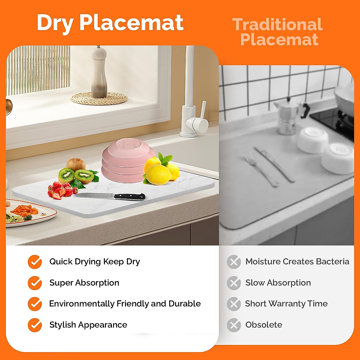 HCFQ Stone Drying Mat for Kitchen Counter,Quick Drying Diatomaceous Earth for Tableware Mat,18x14in Ultra Absorbent Fast Dry Non-Slip Heat Resistant Eco-Friendly Stone Dish Drying Mat( Marble Pattern)