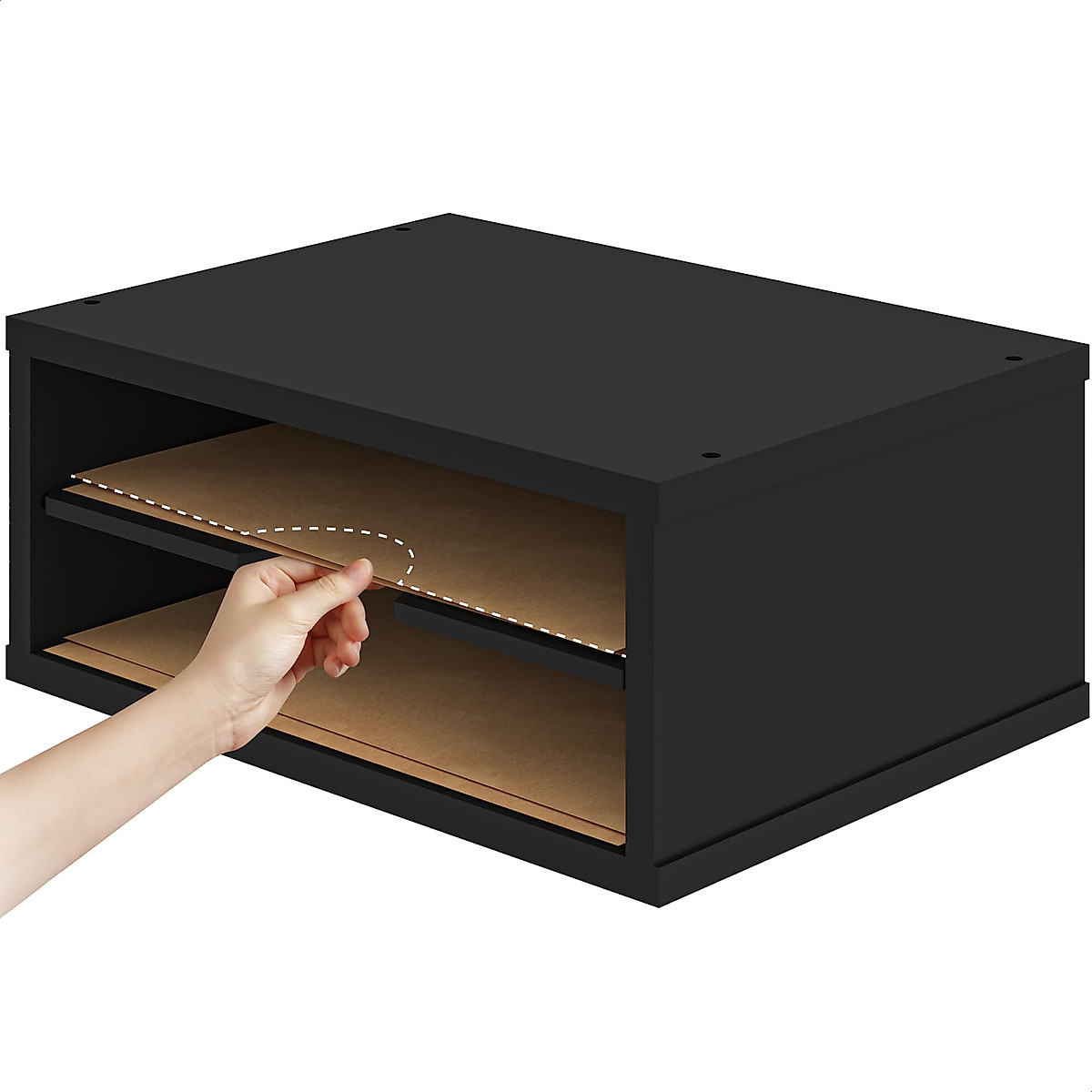 Ballucci File Organizer, 2-Tier Document Paper Sorter, Stackable Wood Desk Organizer Mail Holder, Monitor Stand with Storage Shelves, Black