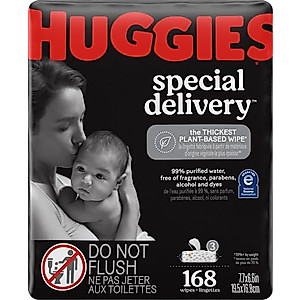 Hypoallergenic Baby Wipes, Unscented, Huggies Special Delivery Baby Diaper Wipes, Safe for Sensitive Skin, 99% Purified Water, 3 Push Button Packs (168 Wipes Total)