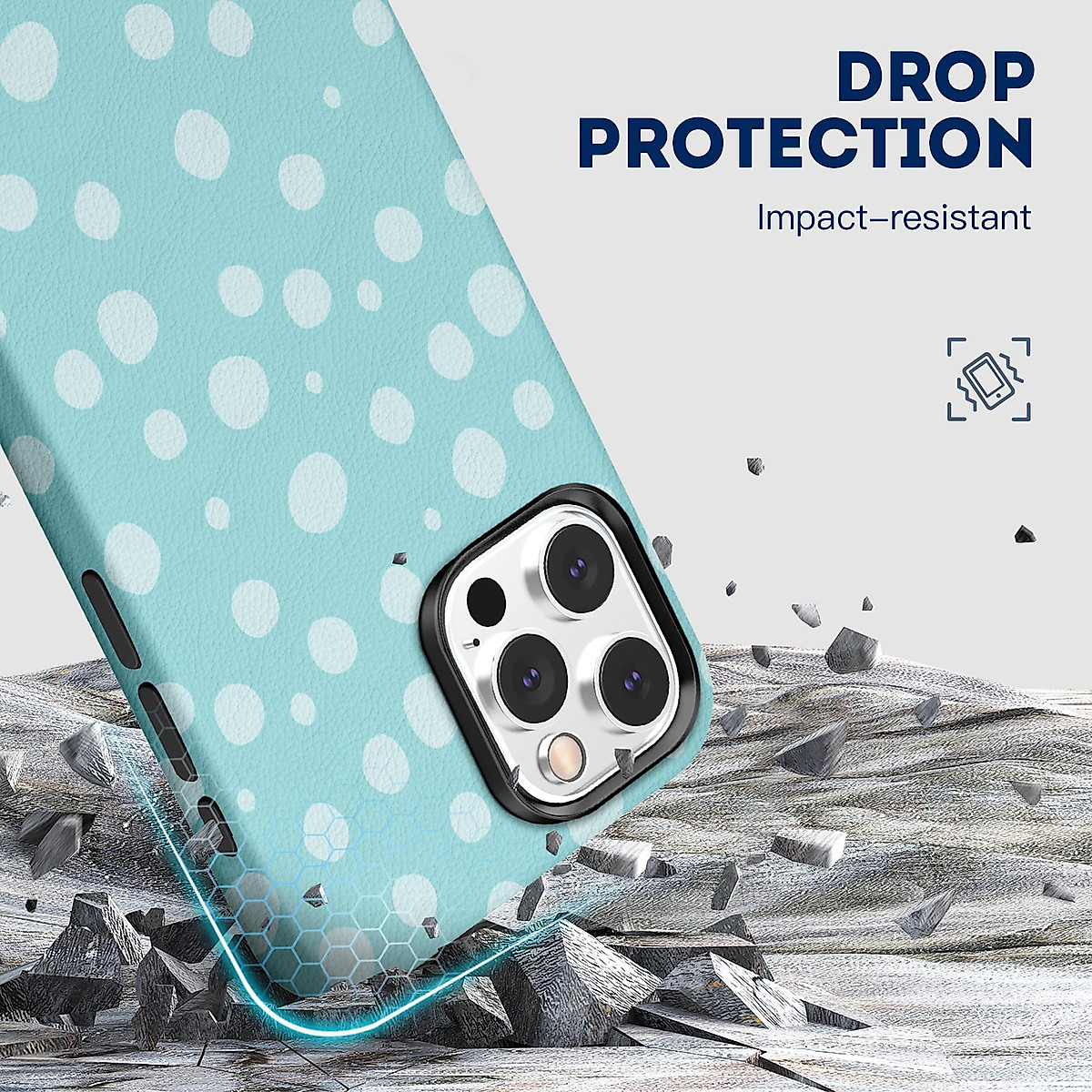 kingflag Vegan Leather Magnetic Case for iPhone 15 Pro Max Wireless Charging, Metal Buttons, Shockproof Protective Phone Case Cover for Women Men 6.7" (Teal with White Dots)