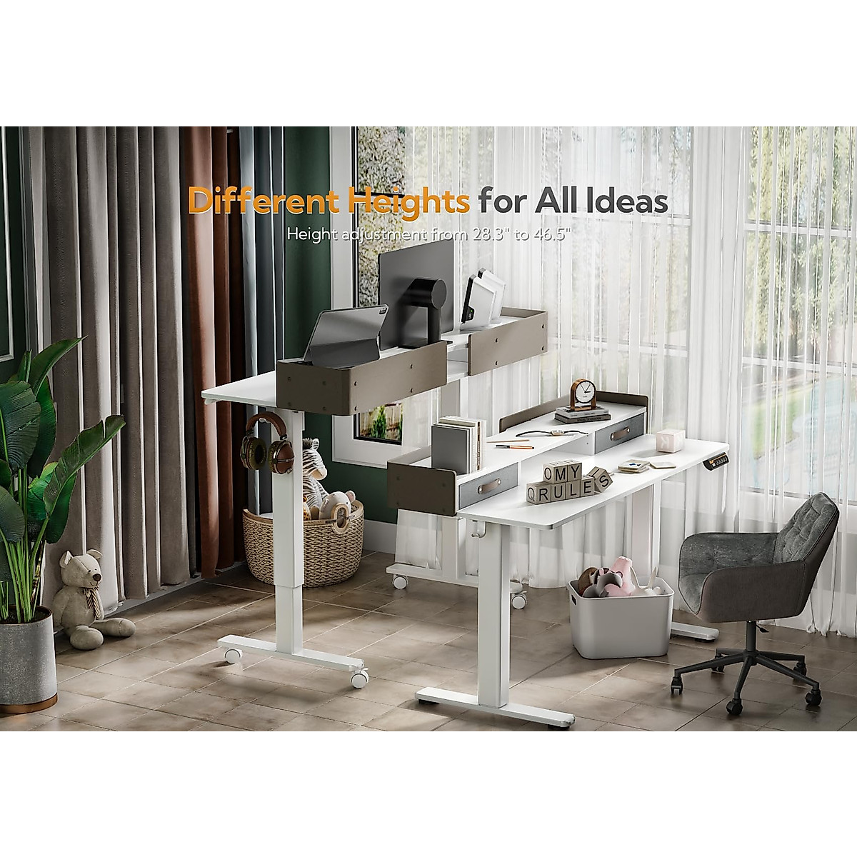 Claiks Standing Desk with Drawers, Stand Up Electric Standing Desk Adjustable Height, Sit Stand Desk with Storage Shelf and Splice Board, 55 Inch, White