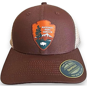 National Park Service Trucker mens Snapback Hat with National Park Service (NPS) Woven Patch (Brown on Khaki)