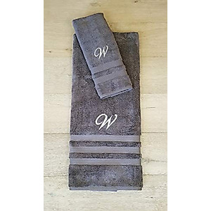 Liberty21 Luxury Embroidered Bath & Hand Towels, 100% Cotton. Custom Monogrammed Personalized Embroidered Towels. Set Includes 1 Bath Towel and 1 Hand Towel. (Grey)