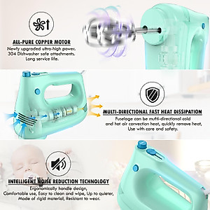 GUALIU Electric Hand Mixer with Stainless Steel Whisk, Dough Hook Attachment and Storage Bag, Handheld Mixer for Baking Cakes, Eggs, Cream Food Mixers. Turbo Boost /5 Speed Kitchen Blender GREEN