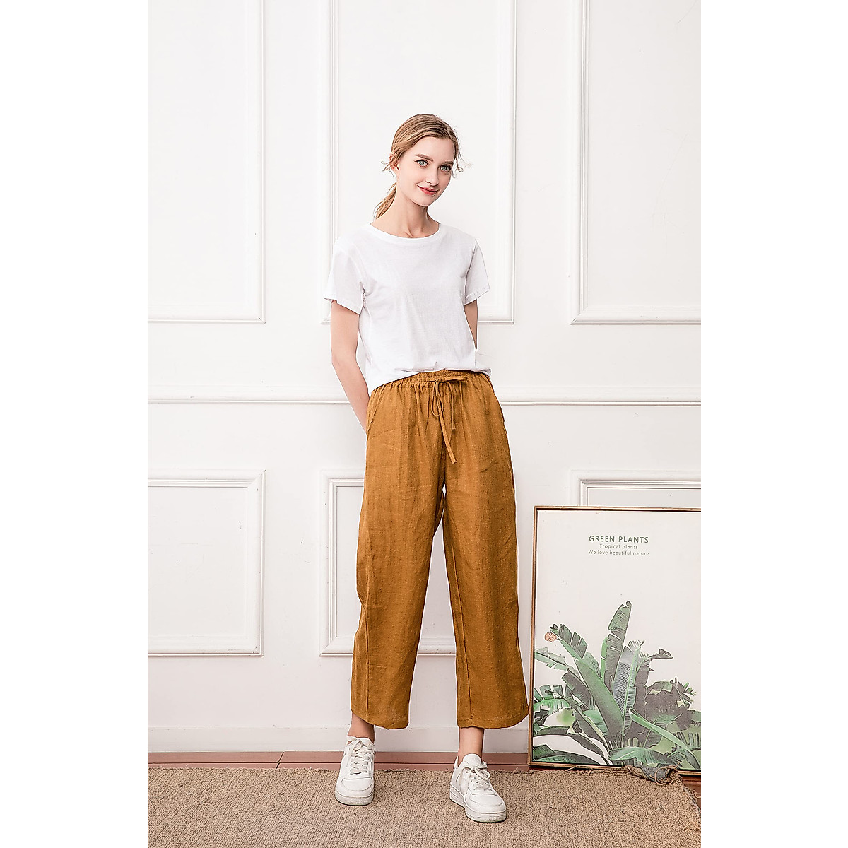 LaovanIn Women's Wide Leg Palazzo Pants Linen Drawstring Cropped Pants Trousers Culottes Coffee Medium