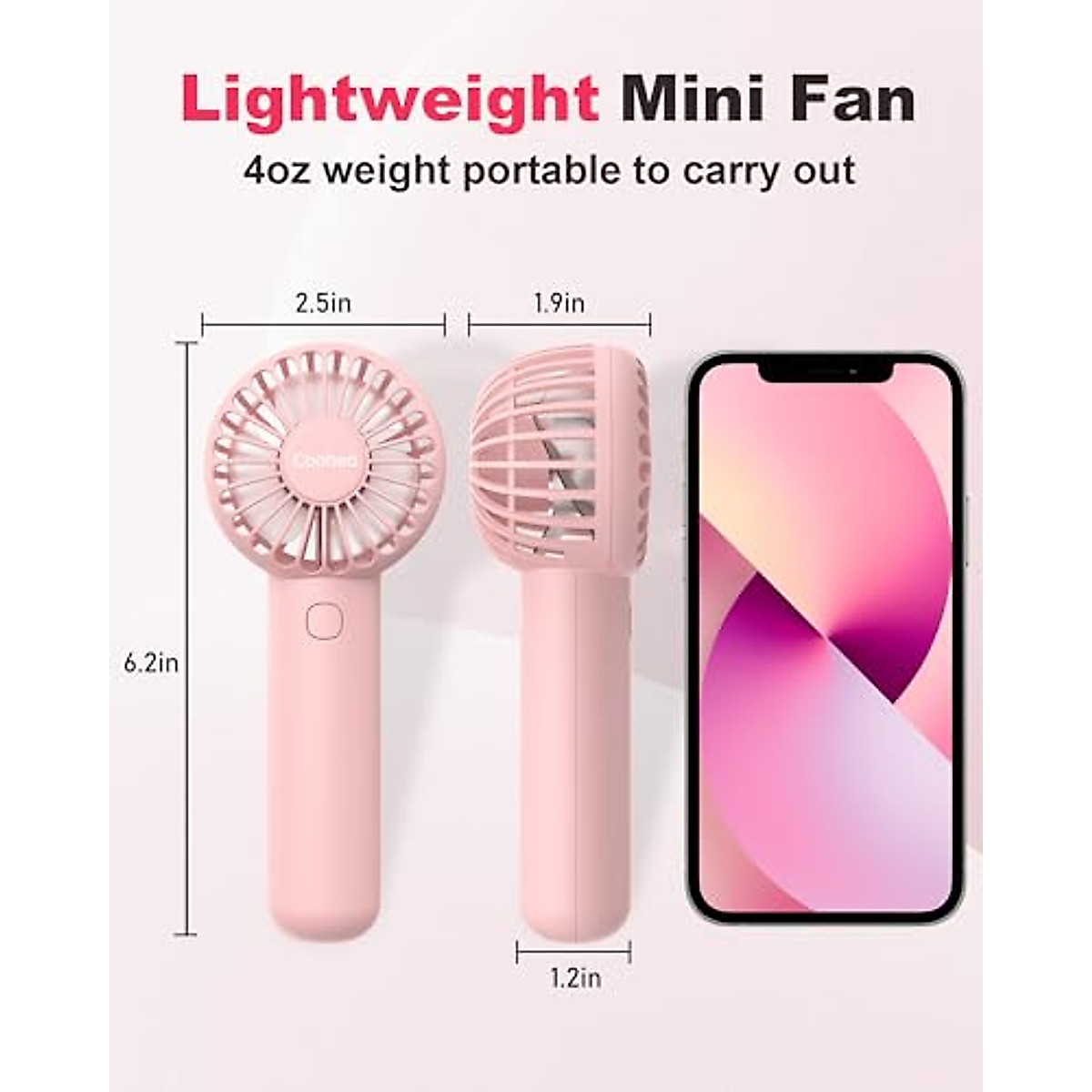Coohea Handheld Fan Mini Portable Fan USB Rechargeable Battery Fan 3 Speeds Powerful Personal Fan Cute Small Cooling Fan with Base Lanyard for Eyelash Makeup Travel Trip Beach Indoor Outdoor, Pink