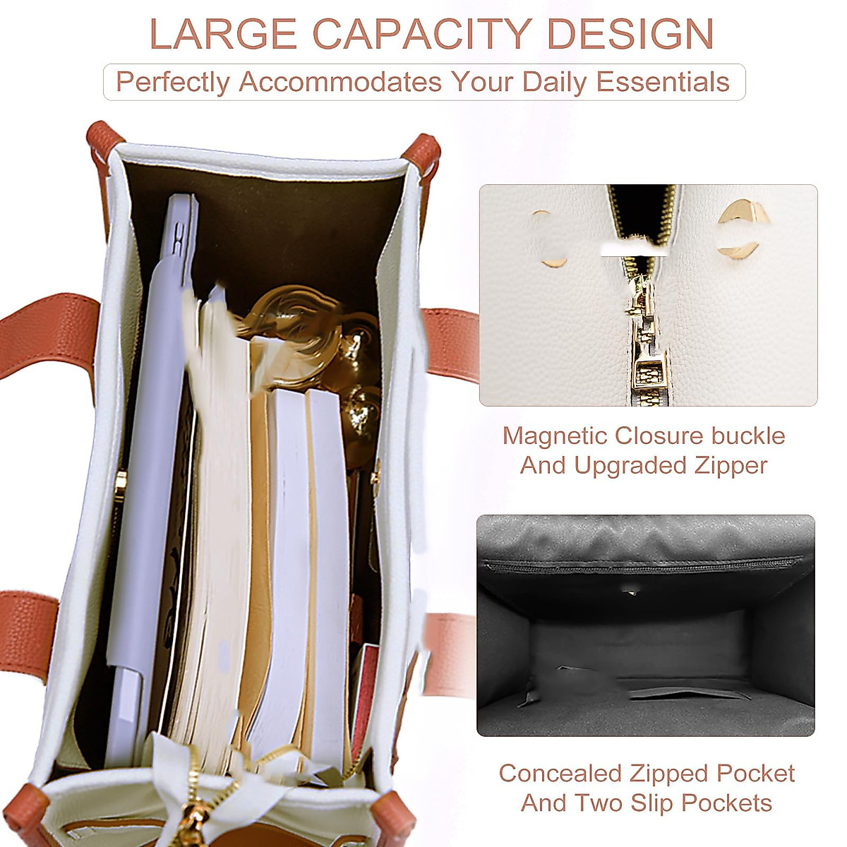 MUMEE Tote Bag For Women, The Leather Tote Bag with Zipper Shoulder Crossbody Handheld Bag for Work Office Travel (WhiteBrownA)