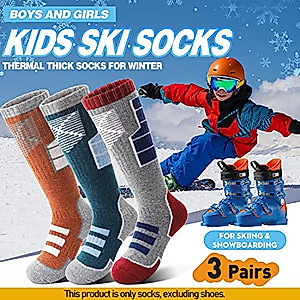 Anlisim Kids Merino Wool Ski Socks for Girls Boys Teen Thermal Winter Warm Thick Hiking Knee High Socks Stocking Stuffers for Skiing Snowboarding (Red / Orange / Green A, 8-12 Y)