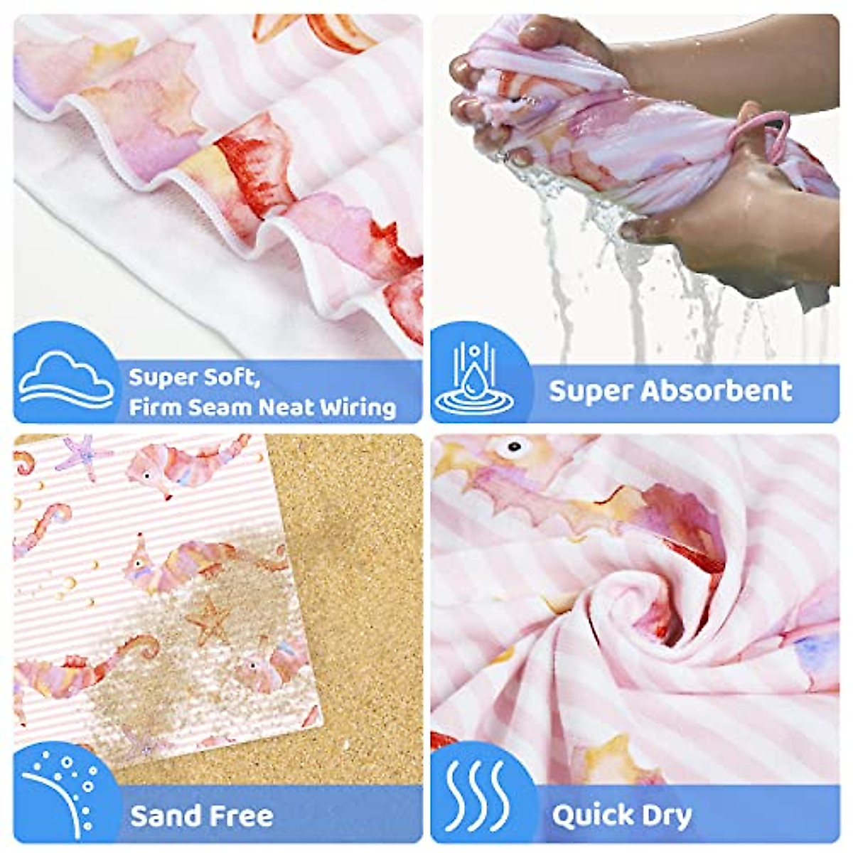 Airensky Beach Towels for Kids, 58" x 28" Portable Quick Dry Beach Towel, Super Soft and Absorbent Child Towel, Cute Camping Pool Towel for Girls(Pink Seahorse)