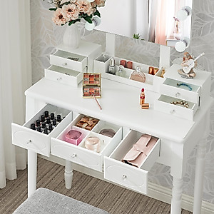 ANWBROAD Makeup Vanity Desk Vanity Set with Lighted Mirror Makeup Vanity Desk Table Set Large 8 LED Bulbs Frameless Mirror 3 Colors Modes Dimming 7 Drawers Cushioned Stool 3 Dividers White UBDT03W