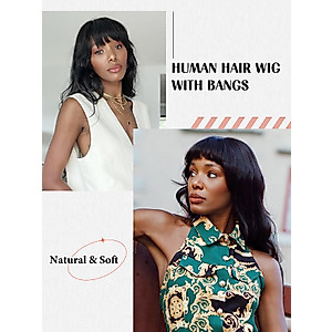 WIGNEE Natural Wave Wigs with Bangs 100% Brazilian Human Hair Fashion Wave Wigs Natural Black (14 Inch)