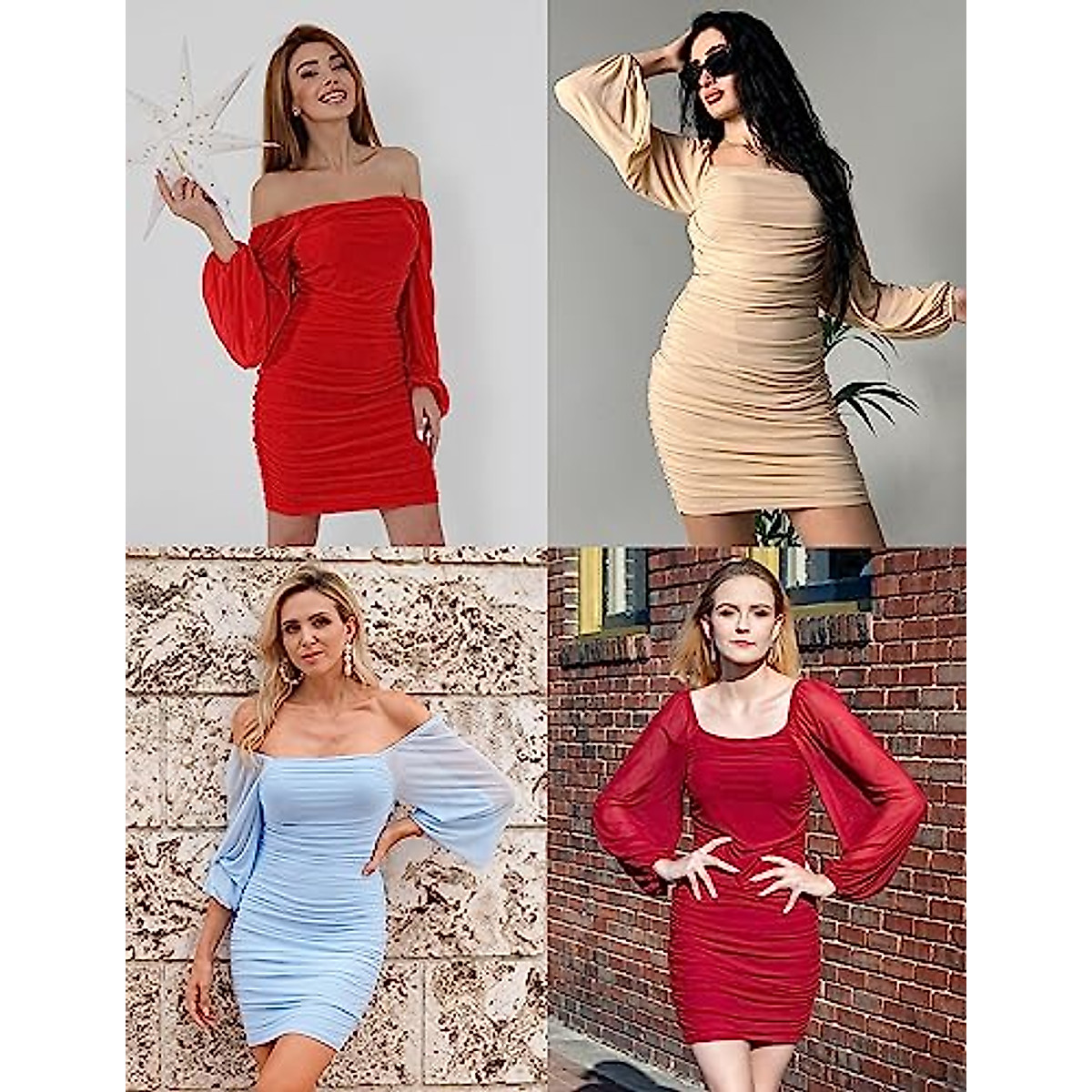 MEROKEETY Women Square Neck Long Sleeve Mesh Ruched Bodycon Cocktail Party Mini Dress Red Medium